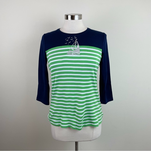 Kim Rogers | Tops | Kim Rogers Navy Blue Green White Stripe Sailboat ...